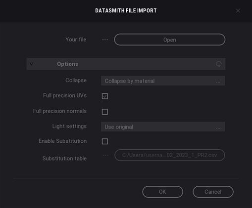 Datasmith File Import window Datasmith File Import window